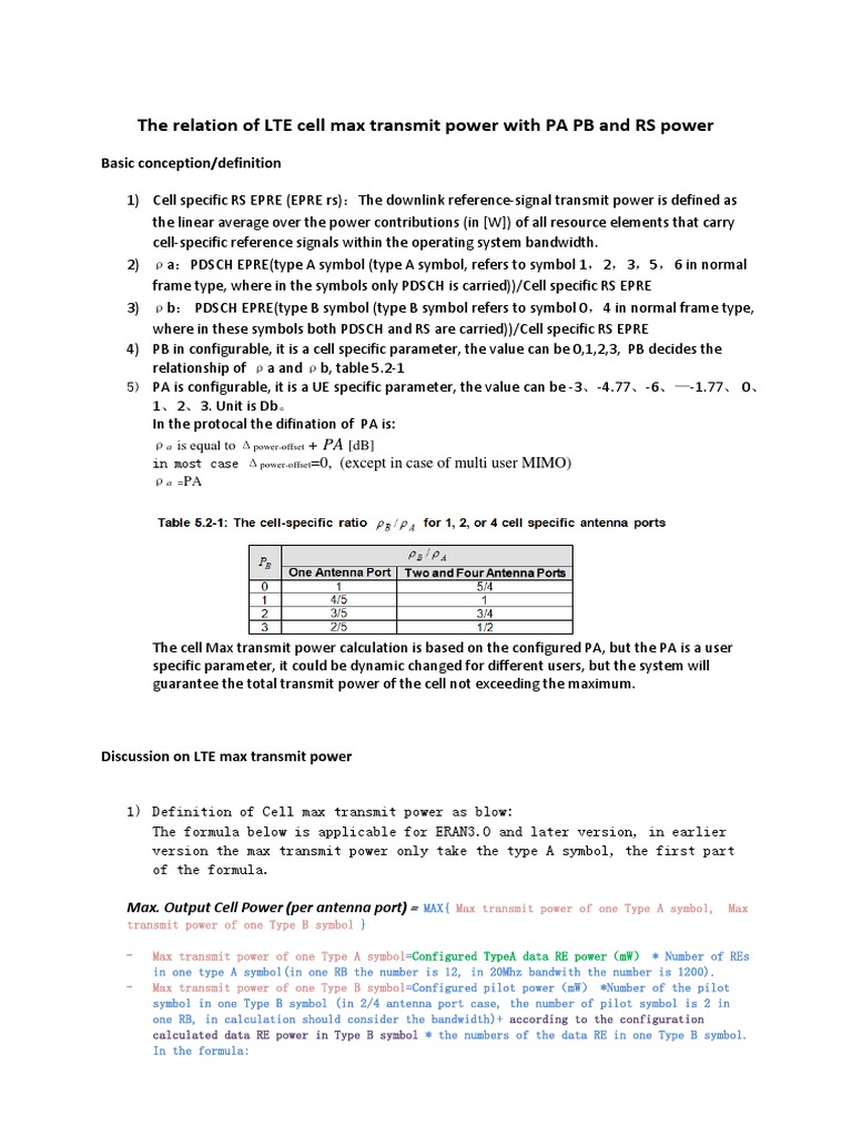 The Relation of LTE Cell Max Transmit Power With PA PB and RS Power ...