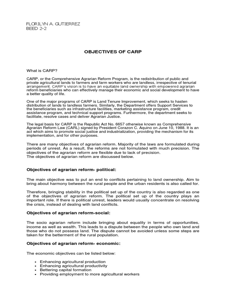 Objectives Of Carp Pdf Economies Agriculture