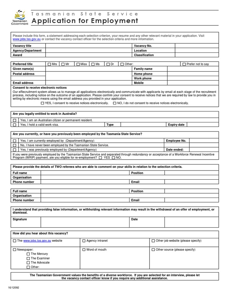 Tasmanian State Service Job Application | PDF | Recruitment | Employment