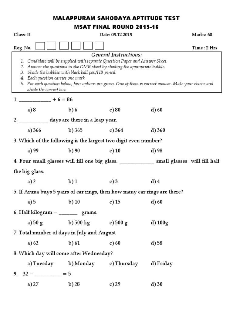 Malappuram Sahodaya Aptitude Test Msat Final Round 2015-16: General ...