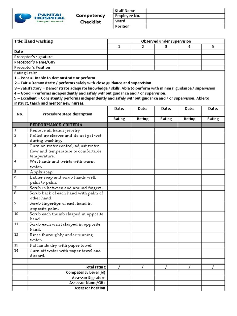Competency Checklist: Performance Criteria | PDF | Hand Washing | Nature