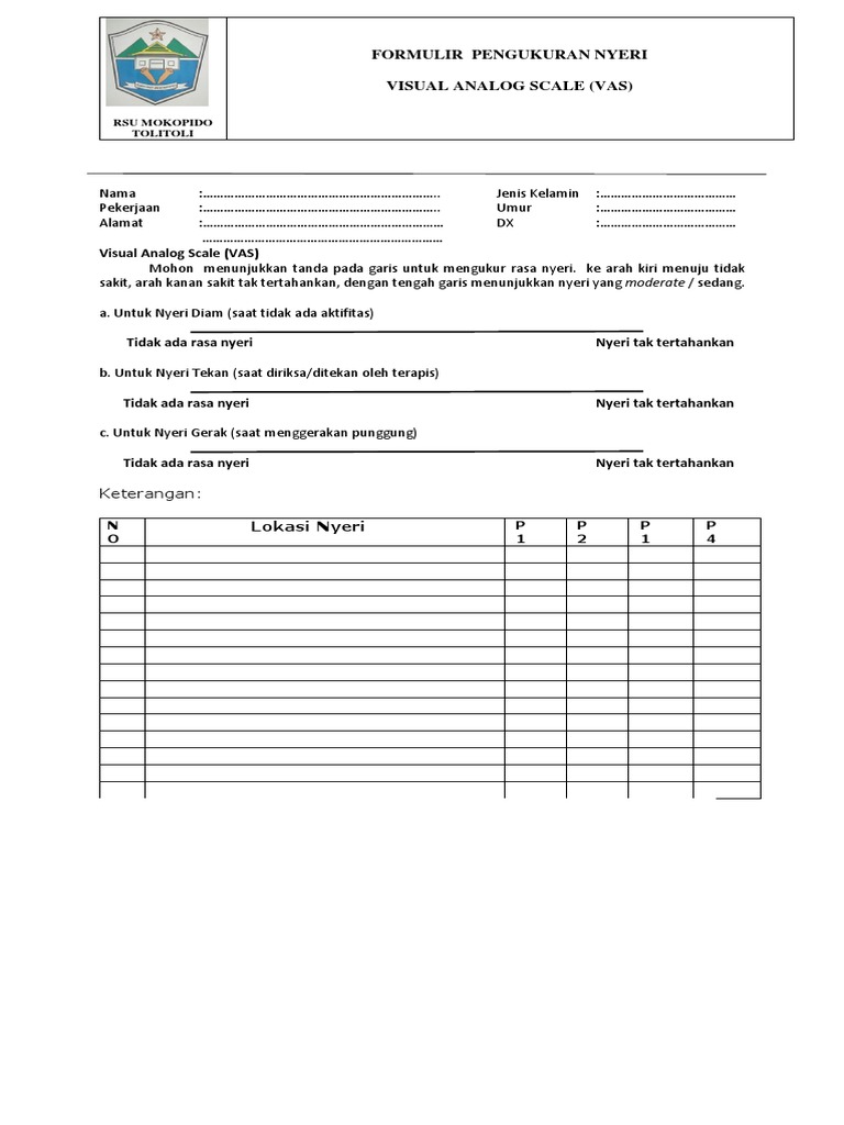 Blangko Pengukuran Nyeri VAS Pemeriksaan Fisioterapi | PDF