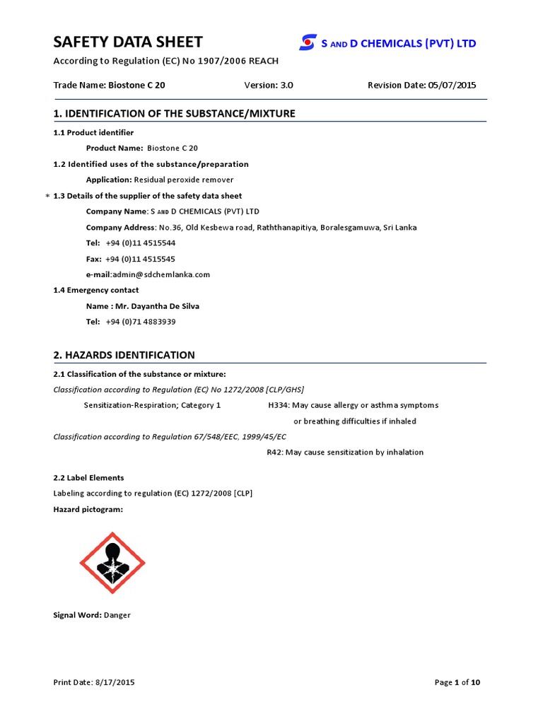 Biostone C 20 - SDS | PDF | Dangerous Goods | Toxicity