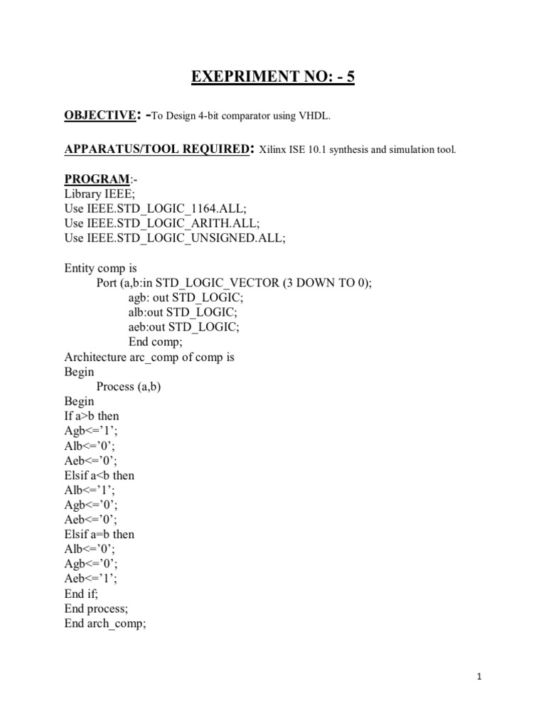 VHDL Code For 4 Bit Comparator | PDF