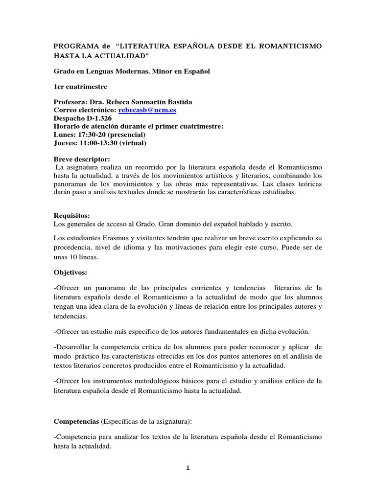 Programa de Literatura Española Del Romanticismo A La Actualidad Def ...