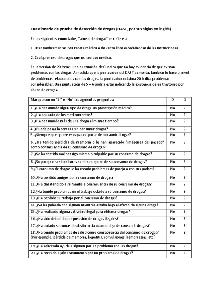 Cuestionario DAST | PDF | La dependencia de sustancias | Drogas