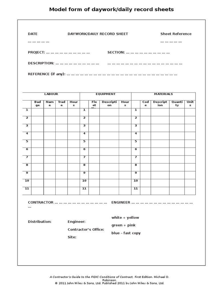 Model Form of Daywork/daily Record Sheets | PDF
