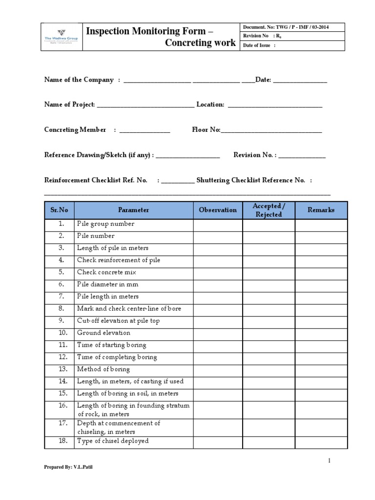 Inspection Monitoring Form - Concreting Work: Document. No: TWG / P ...