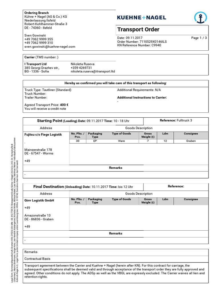 Transport Order 7110529X0146ILS | PDF | Dangerous Goods | Common Carrier