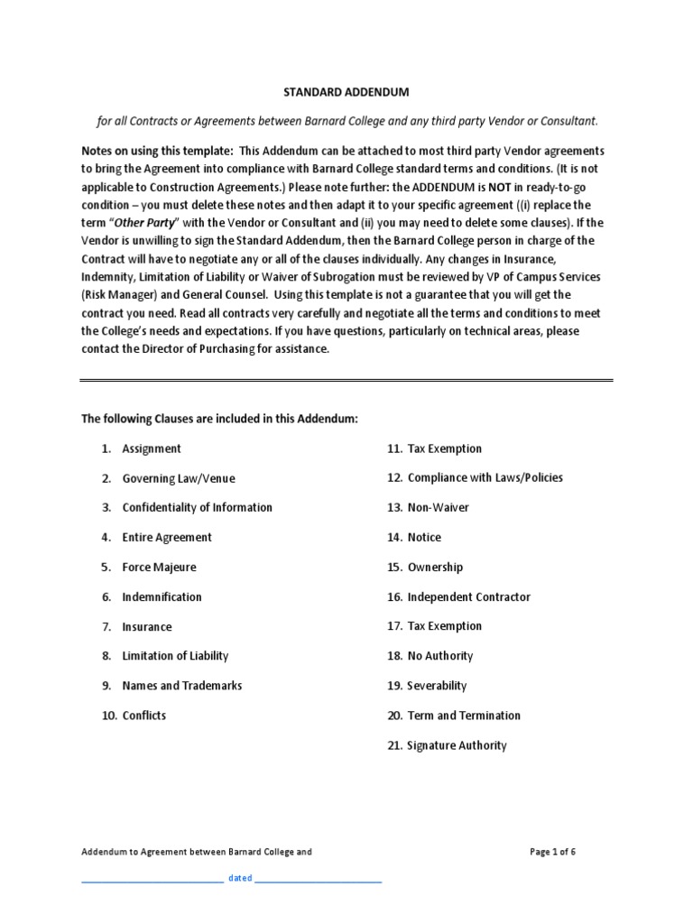 Standard Contract Addendum Form | PDF | Indemnity | Law Of Agency