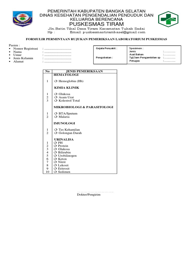 Formulir Permintaan Rujukan Pemeriksaan Laboratorium Puskesmas | PDF