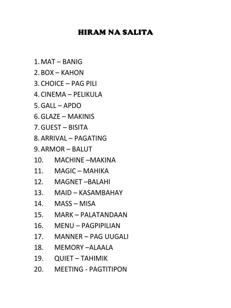 20 Halimbawa ng Hiram na Salita | PDF