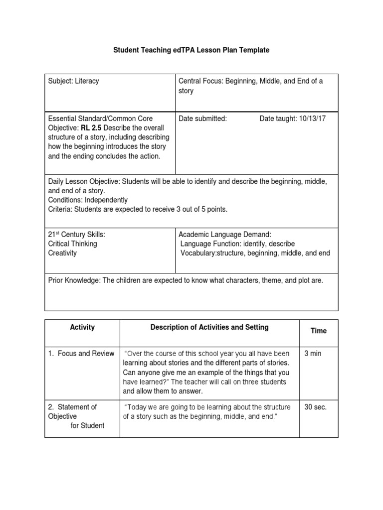 Student Teaching Edtpa Lesson Plan Template | Download Free PDF ...