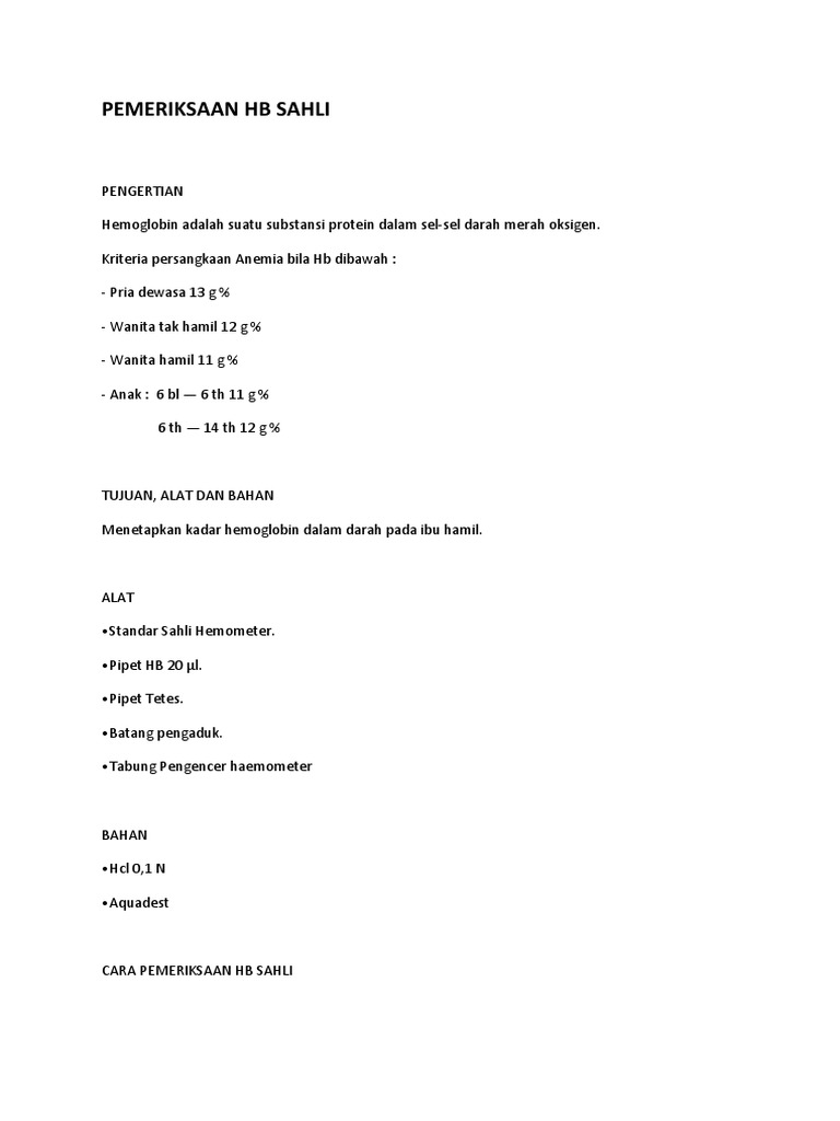 Pemeriksaan Hemoglobin Sahli | PDF