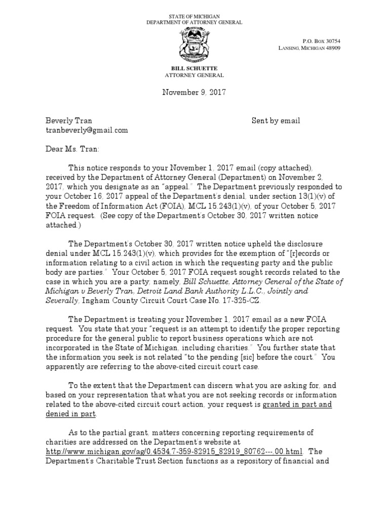 State of Michigan Attorney General FOIA Response To Request For ...