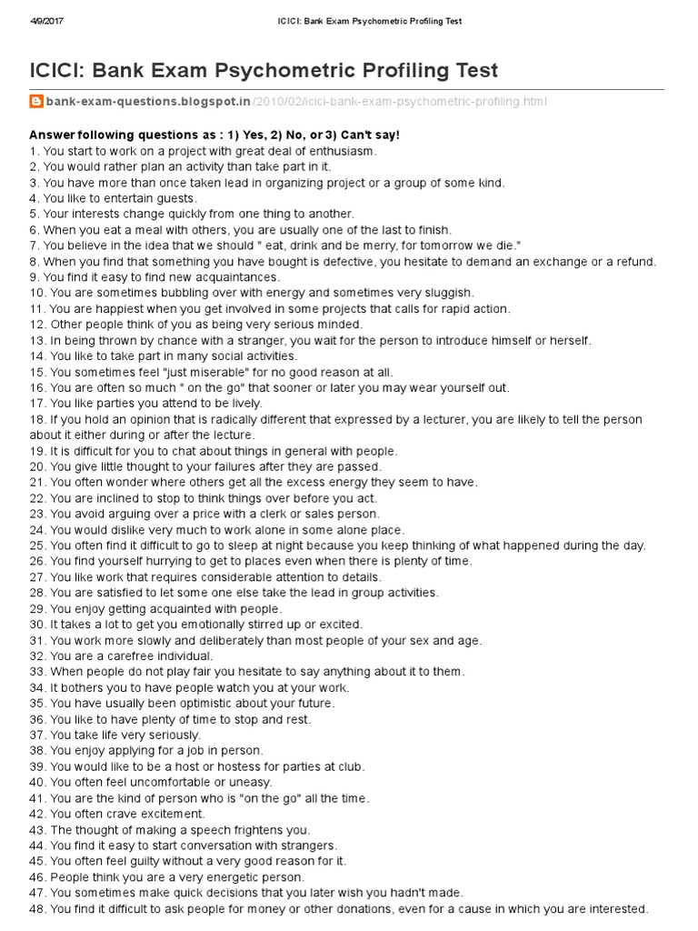 ICICI - Bank Exam Psychometric Profiling Test | PDF | Test (Assessment)