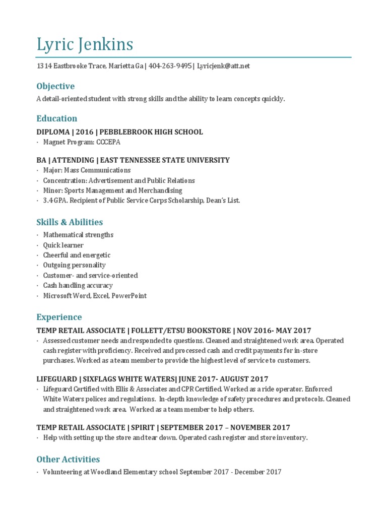 Lyric Jenkins: Student Resume Overview | PDF | Career & Growth