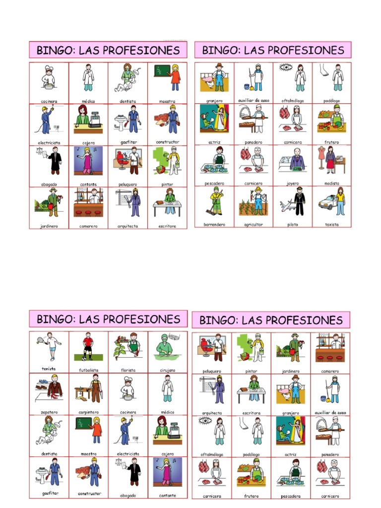 Bingo de Profesiones: Español ELE hojas de trabajo pdf & doc