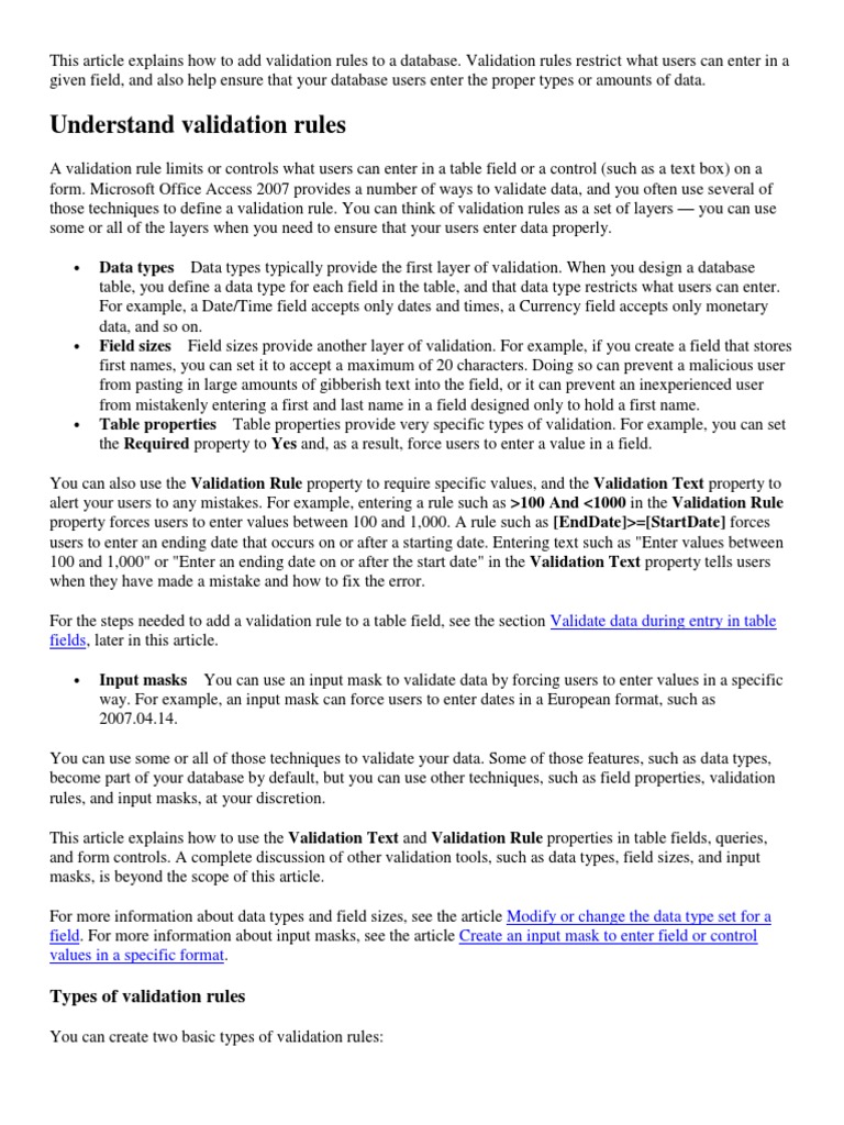 Create A Validation Rule | PDF | Data Type | Databases