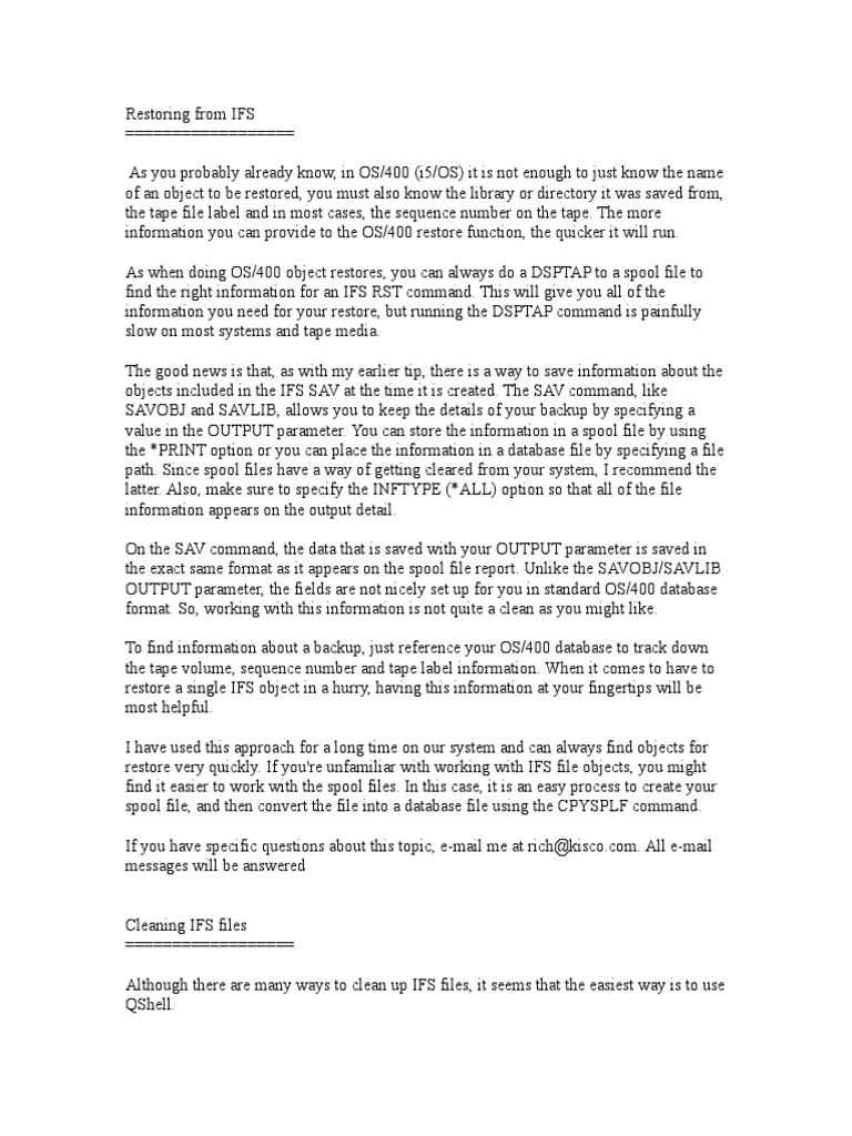 An Efficient Method for Locating IFS Files for Restore Using Output from SAV Commands | PDF ...