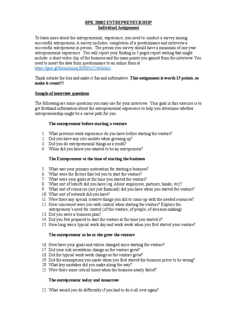 Individual Assignment Interview | Interview | Entrepreneurship | Free ...