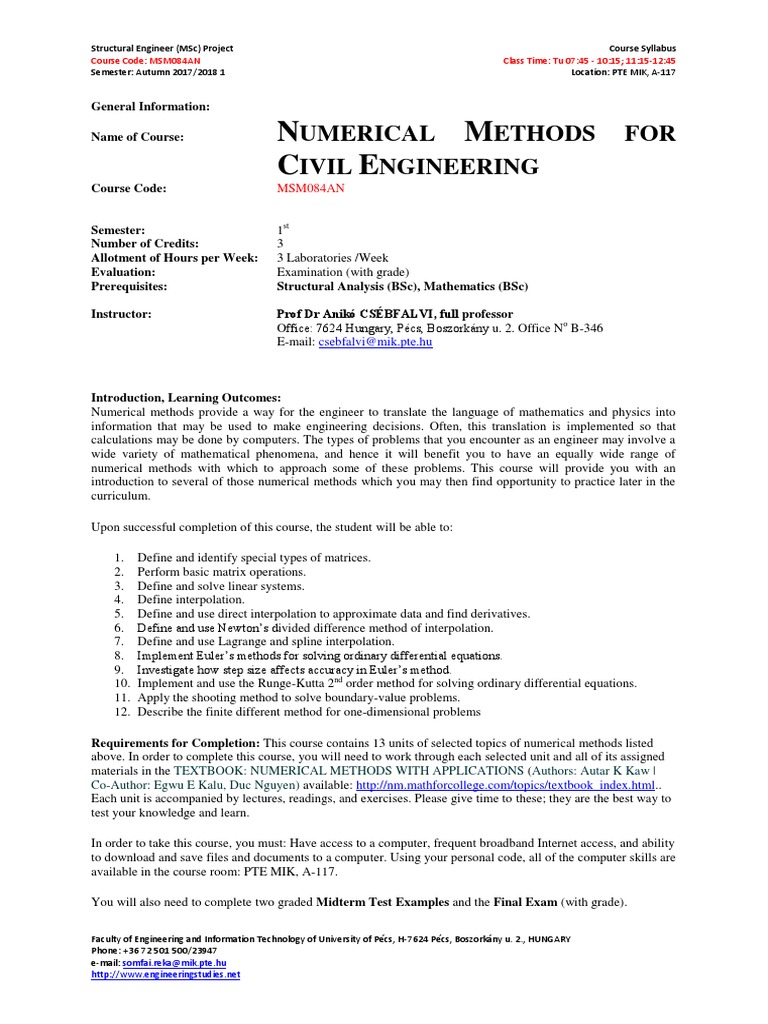 Syllabus 2017 Numerical Methods For Civil Engineering | PDF | Numerical ...