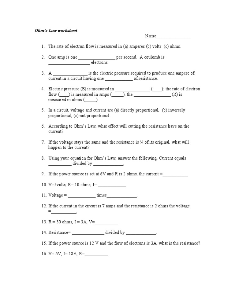 Ohms Law Worksheet | PDF | Science & Mathematics