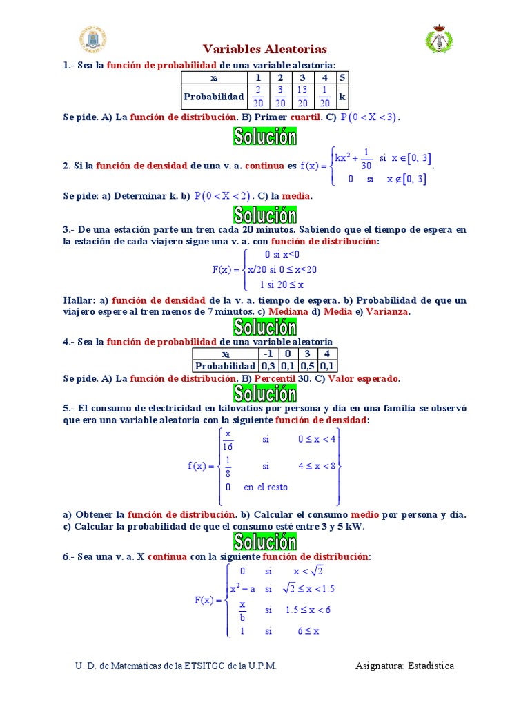 Problemas v. Aleatorias Con Soluciones | PDF | Variable aleatoria | Función de densidad de ...