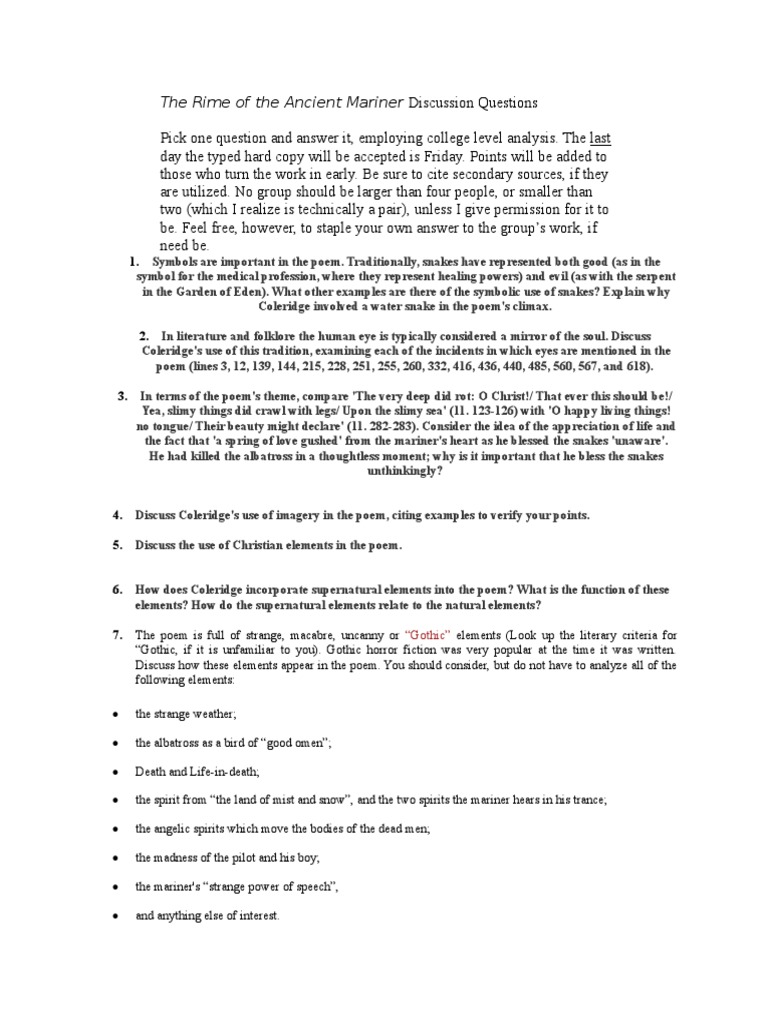 Ancient Mariner Discussion Questions 2 | PDF | Poetry | Religion And Belief
