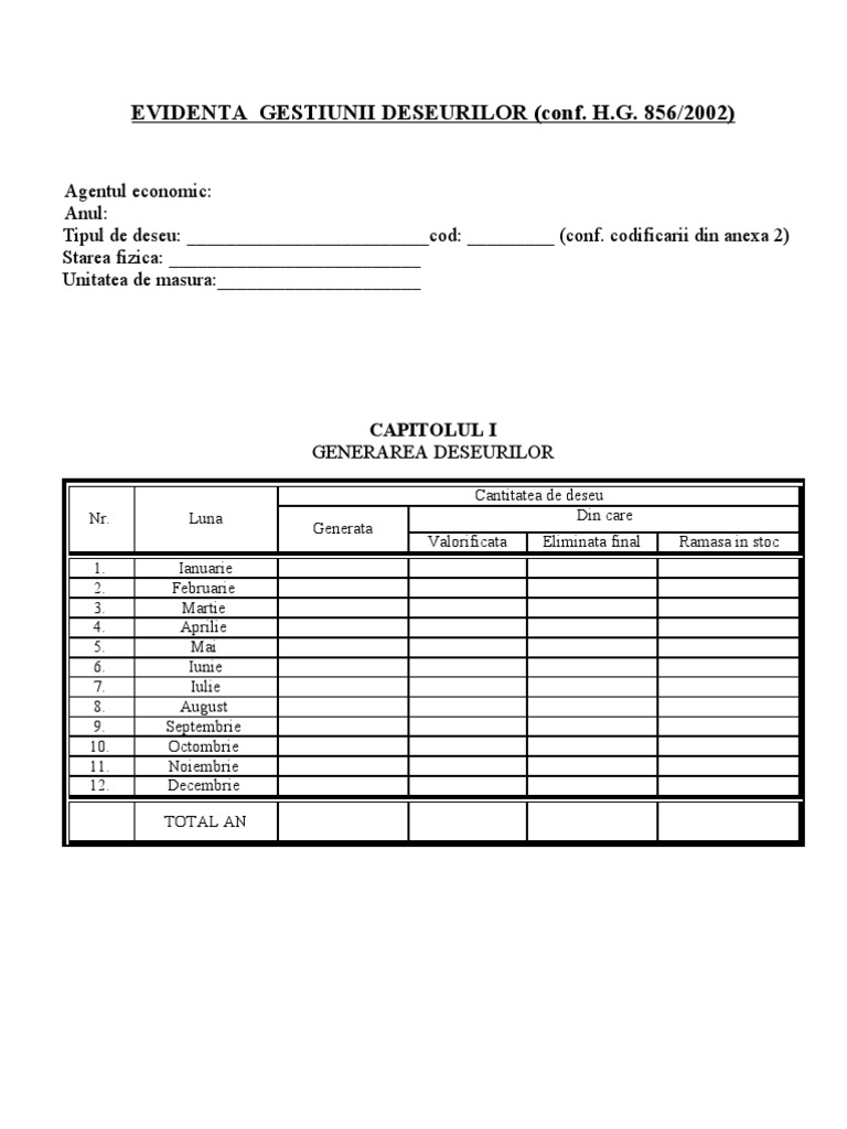 Evidenta Gestiunii Deseurilor (Conf. H.G. 856/2002)