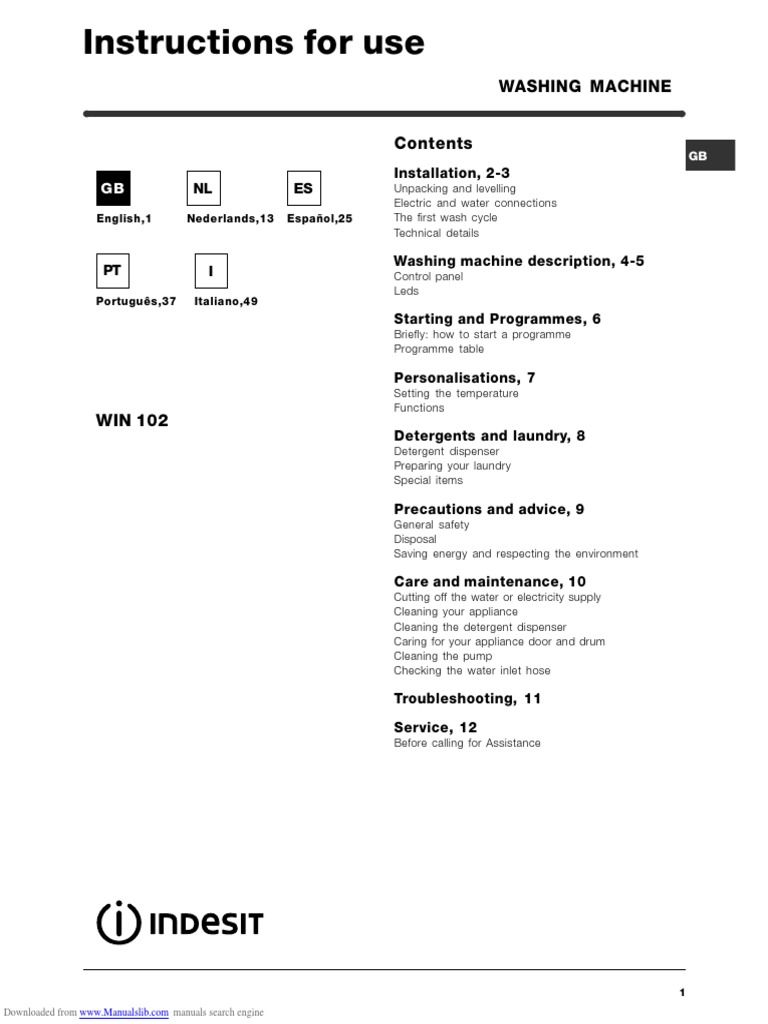 Indesit Win - 102 | PDF | Washing Machine | Laundry