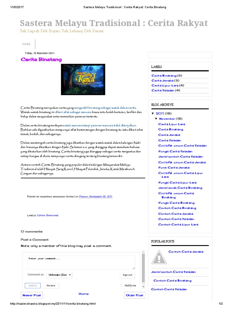 Sastera Melayu Tradisional - Cerita Rakyat - Cerita Binatang | PDF ...