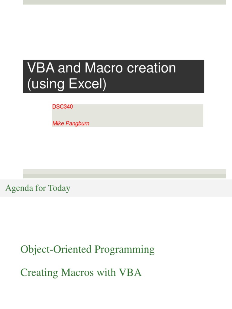 VBA and Macro Creation (Using Excel) : Mike Pangburn | PDF | Microsoft Excel | Subroutine