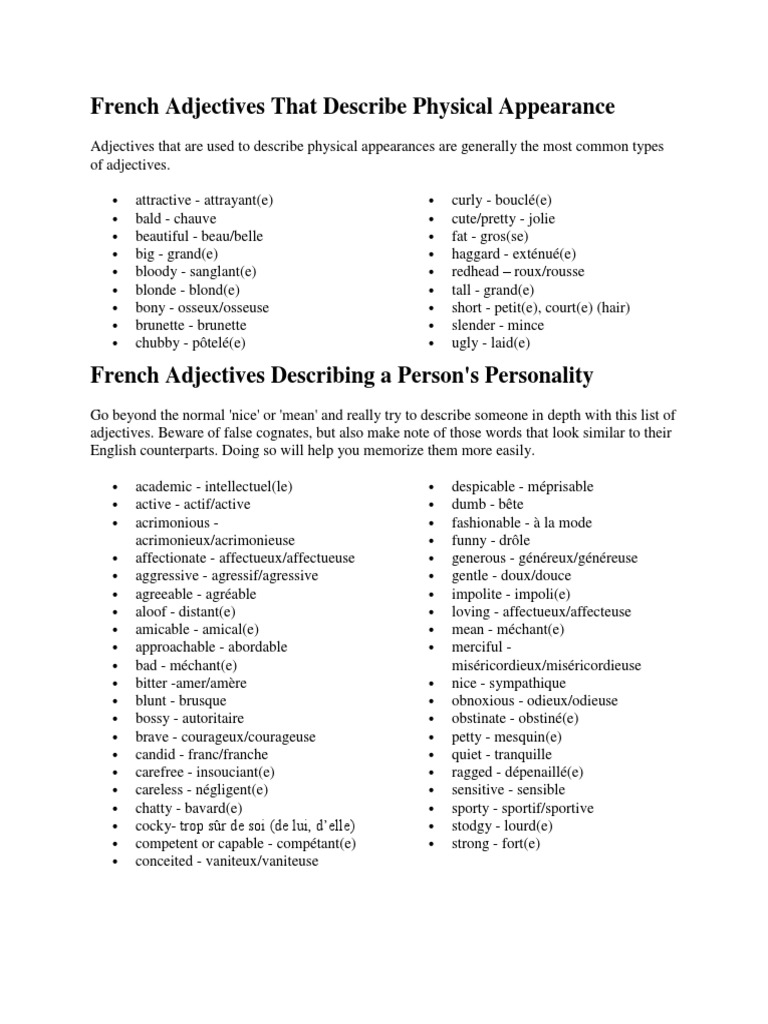 French Adjectives That Describe Physical Appearance | PDF | Hair Color ...
