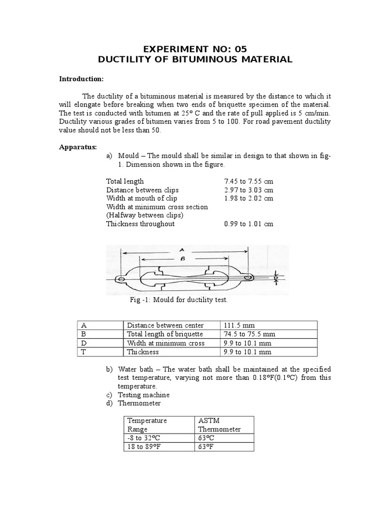 Experiment No: 05 Ductility of Bituminous Material | PDF | Asphalt ...
