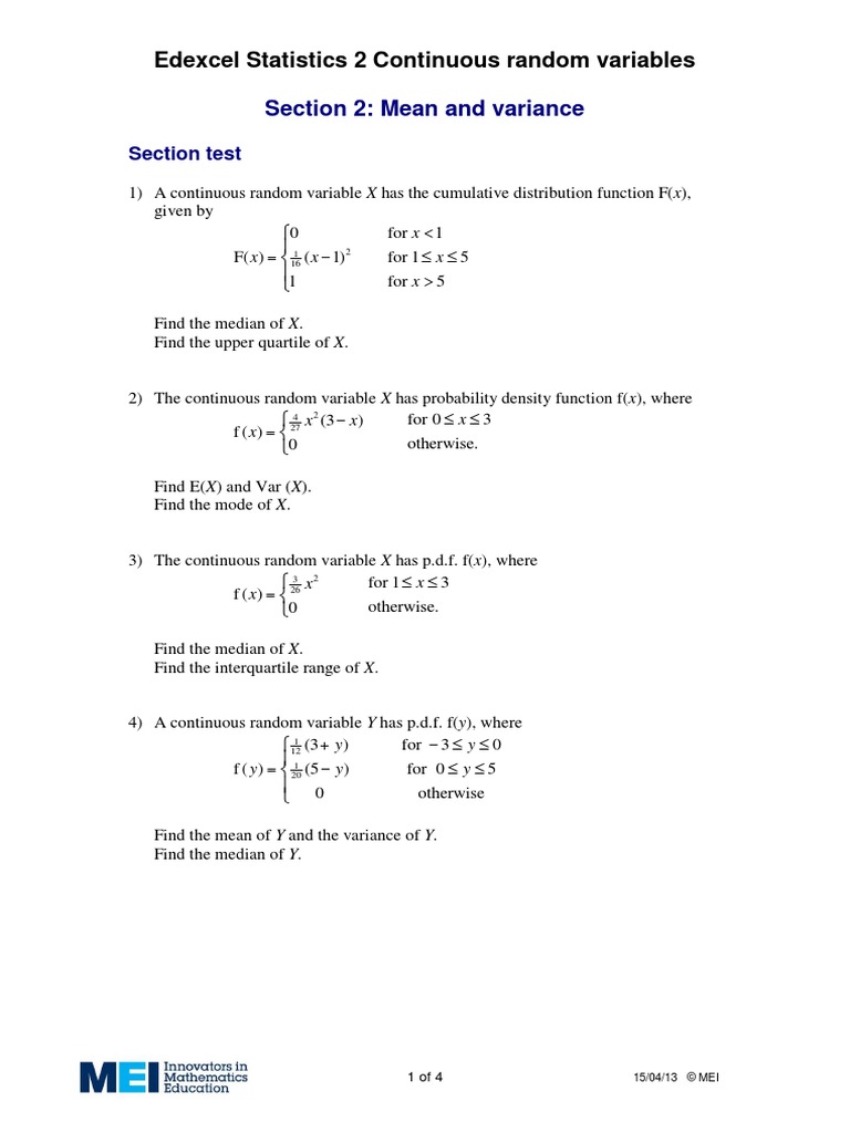 Mean and Variance Questions | PDF | Probability Density Function | Median