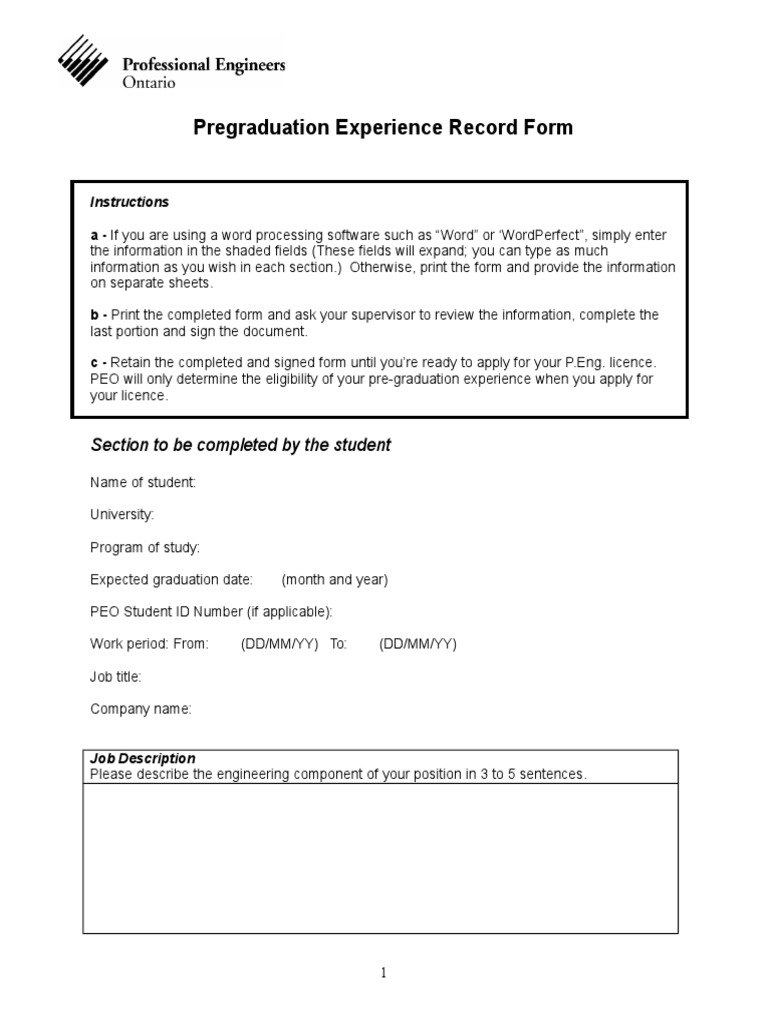 Pre Graduation Experience Record Form | PDF
