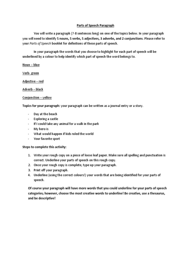Parts of Speech Paragraph Outline | PDF