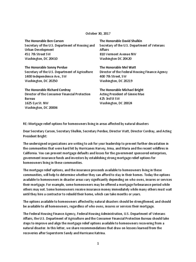 Mortgage Disaster Relief Letter FINAL | Forbearance | Home Insurance