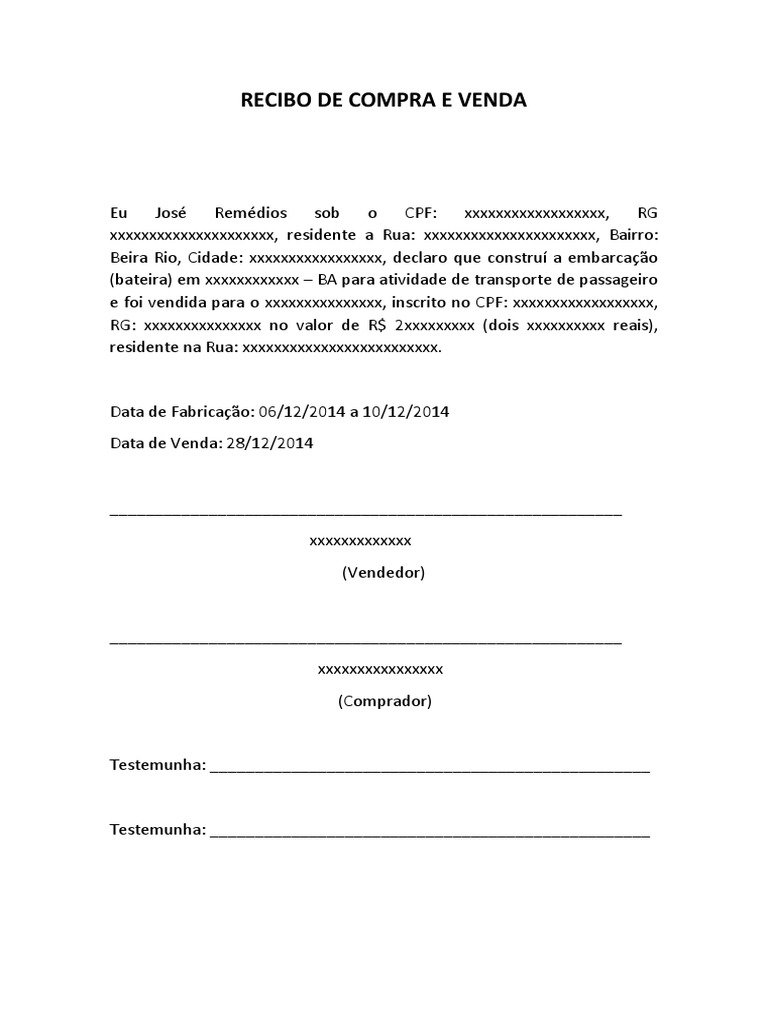 Recibo de Compra e Venda Barco