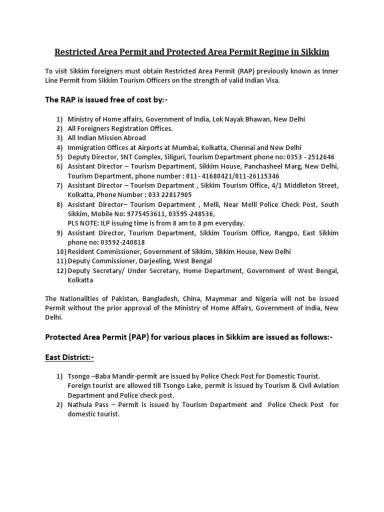 Restricted Area Permit and Protected Area Permit Regime in Sikkim | PDF ...