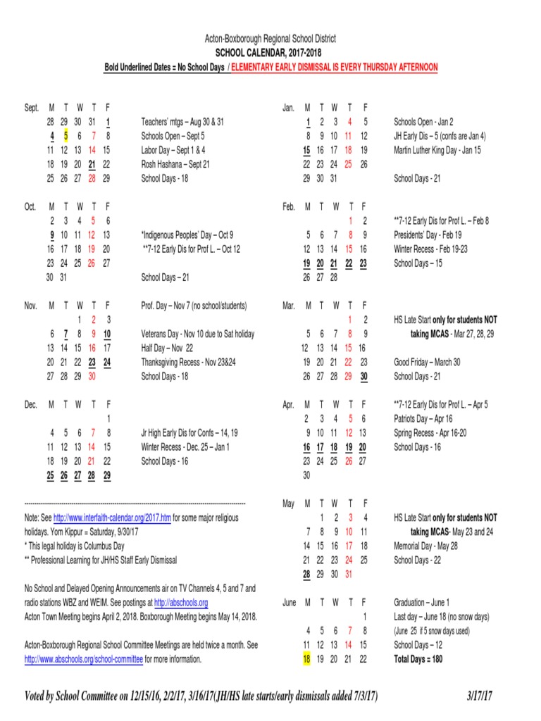 FINAL ABRSD School Calendar 2017-2018 | PDF | Holidays | Observances
