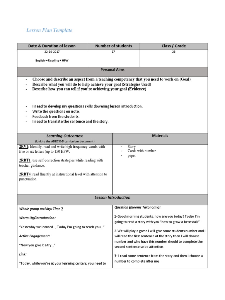 Lesson Plan Template: Date & Duration of Lesson Number of Students ...