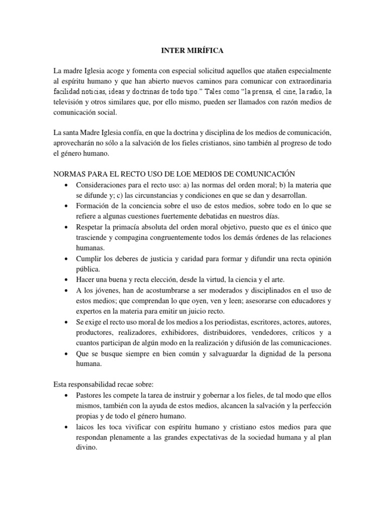 INTER MIRÍFICA. Resumen | PDF | Iglesia Católica | Moralidad