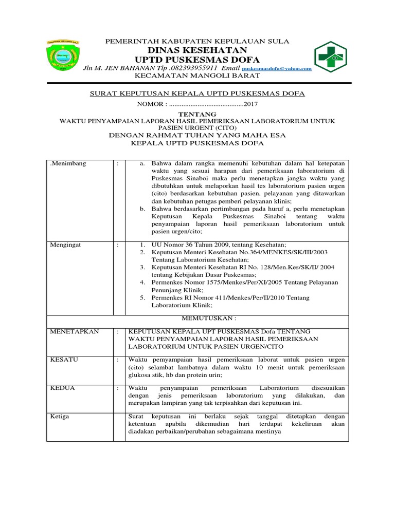 SK Waktu Penyampaian Laporan Hasil Pemeriksaan Laboratorium Kritis ...
