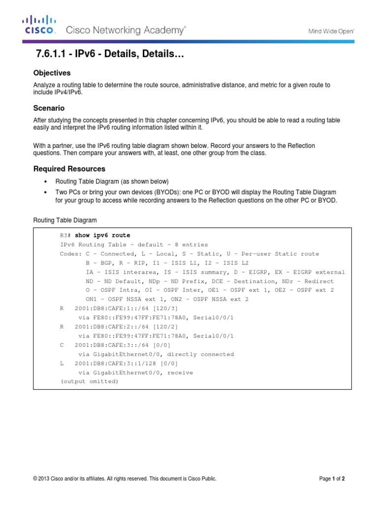 3.4.1.1 Class Activity - IPv6 - Details, Details... Instructions | PDF | I Pv6 | Routing
