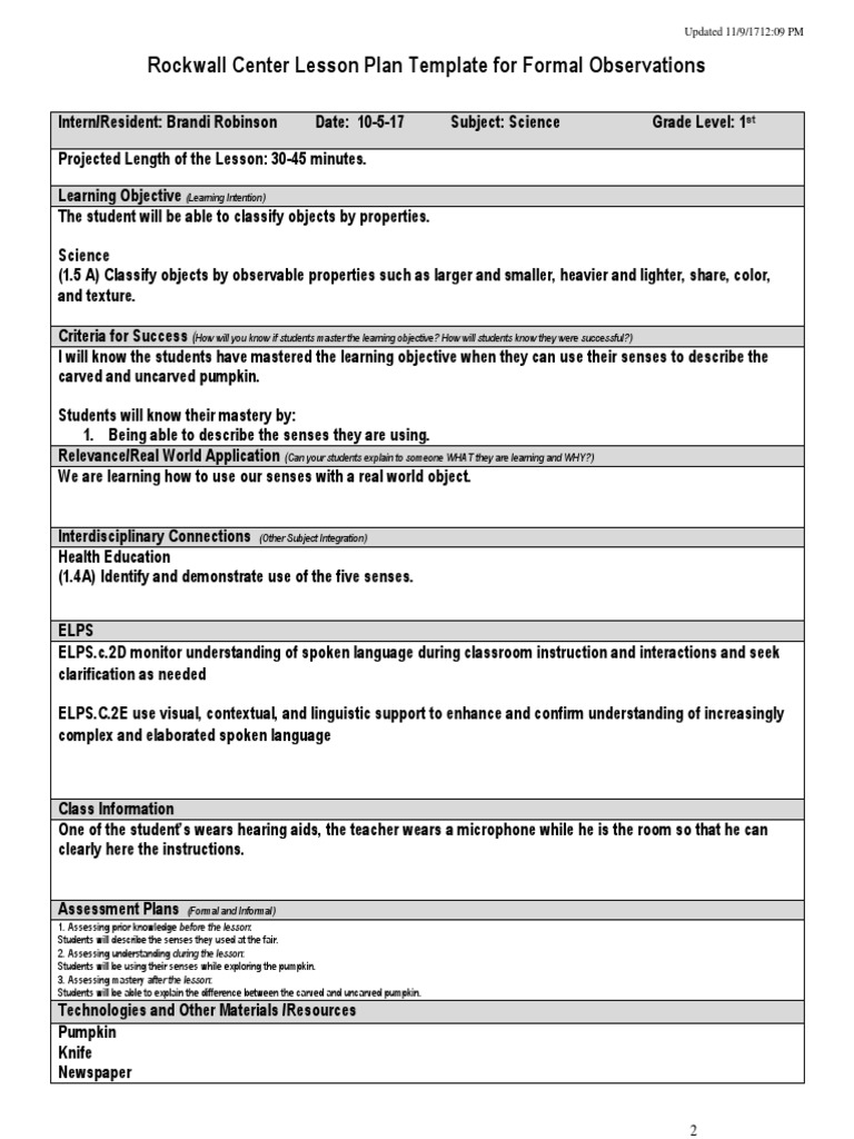Rockwall Center Lesson Plan Template For Formal Observations | PDF ...