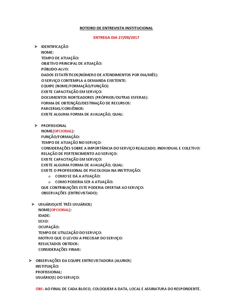Roteiro de Entrevista Institucional