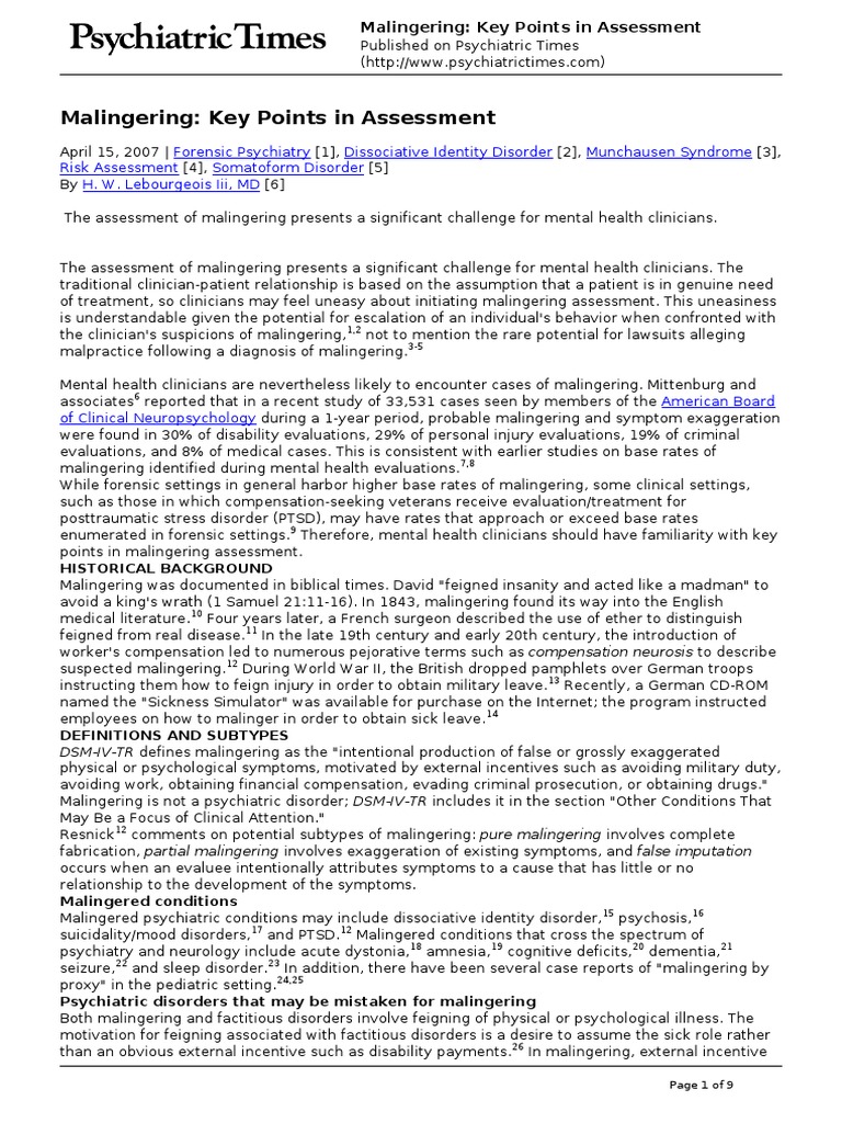 Psychiatric Times - Malingering Key Points in Assessment - 2016-04-18 ...