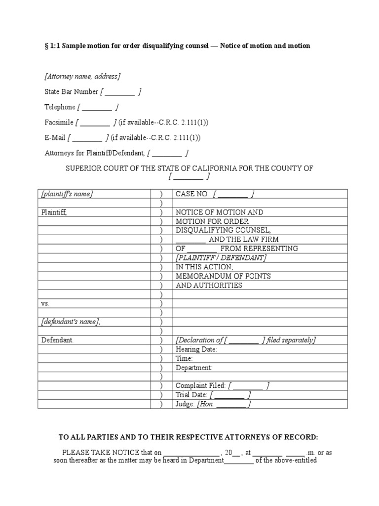 Motion to Disqualify Counsel Template | PDF | Separation Of Powers | Judiciaries
